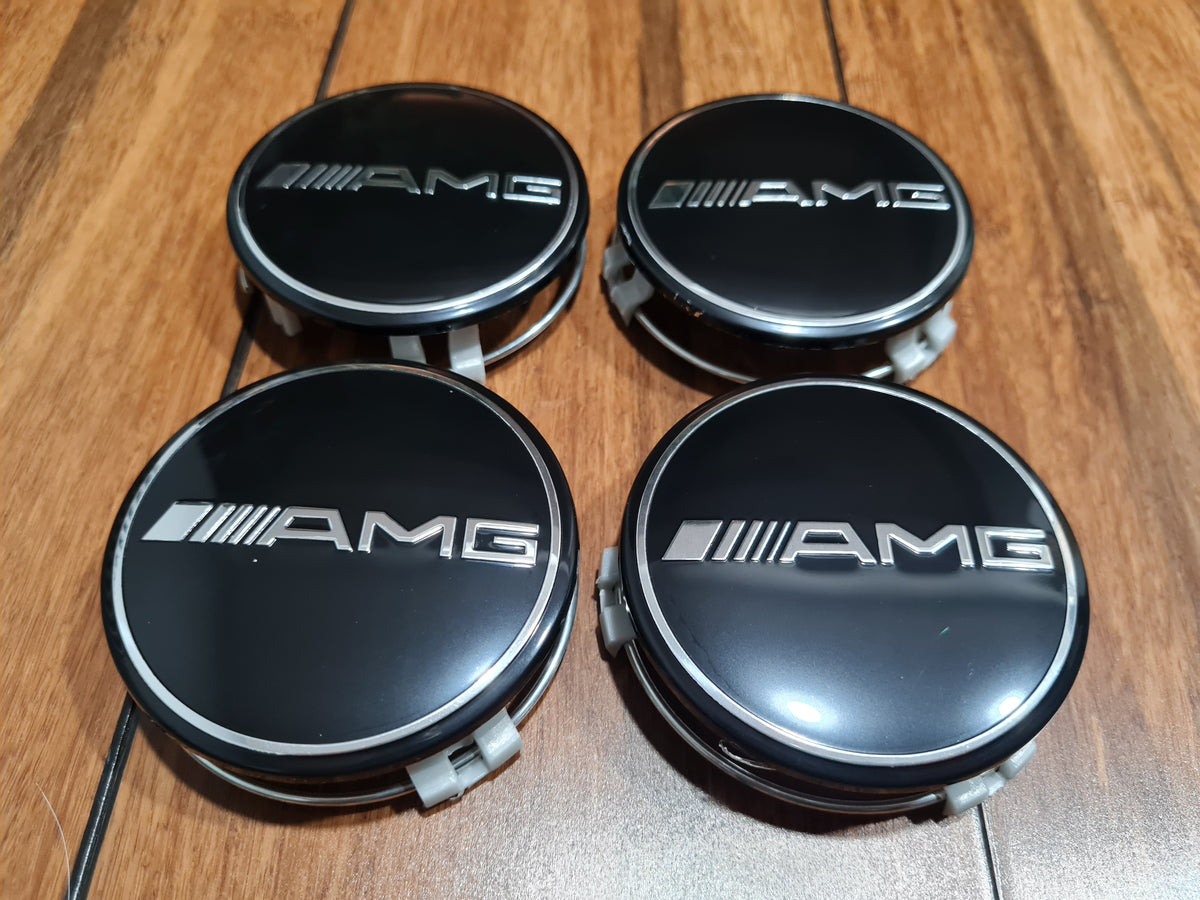 4x Alloy Wheel Centre caps for Mercedes AMG Black/Chrome 75mm – Caps Direct