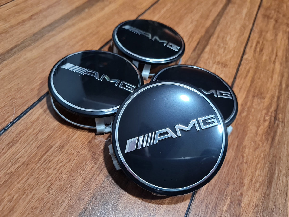 4x Alloy Wheel Centre caps for Mercedes AMG Black/Chrome 75mm – Caps Direct