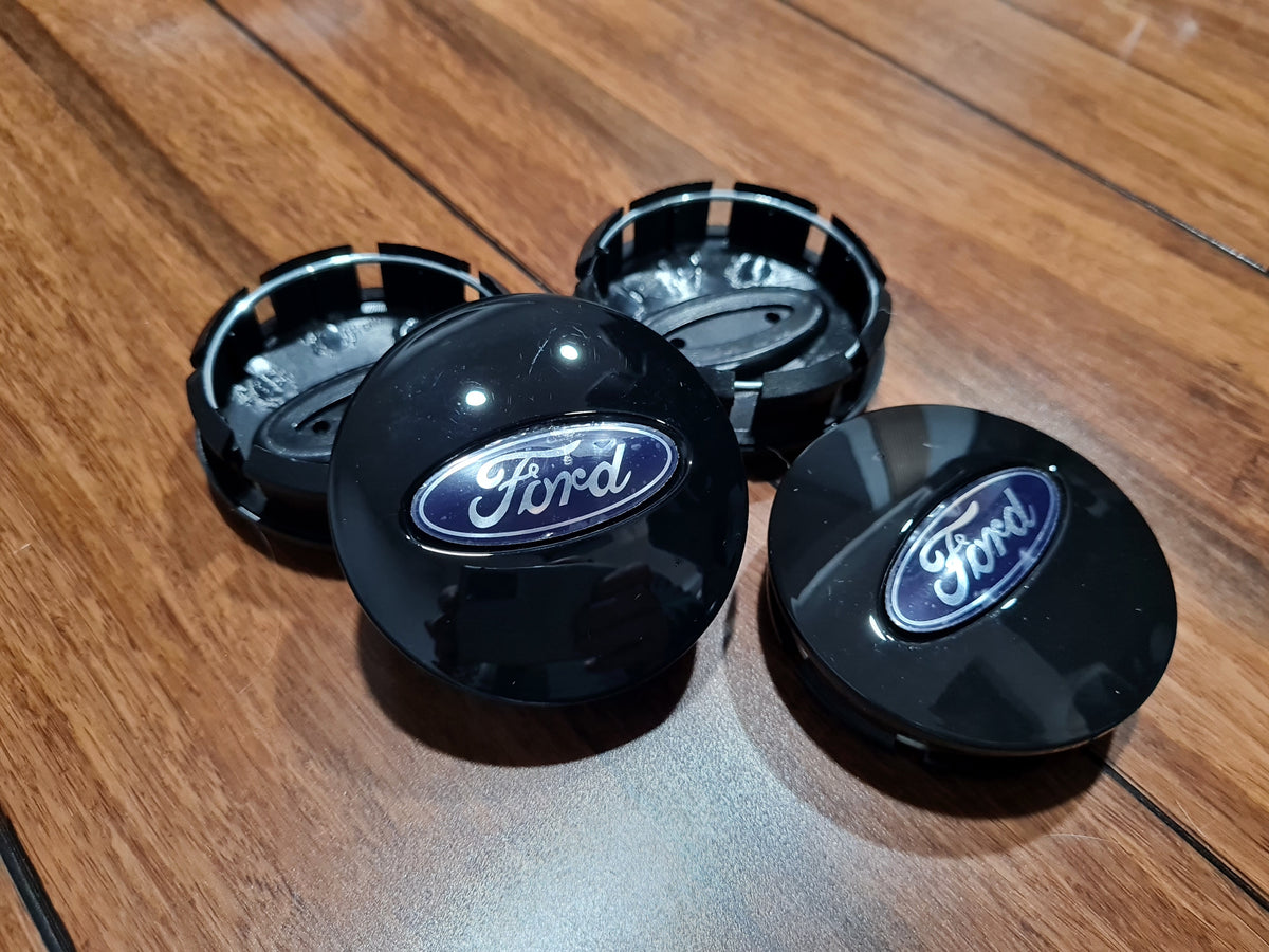 4x Alloy Wheel Centre Caps for Ford models with 65mm diameter Gloss Bl ...