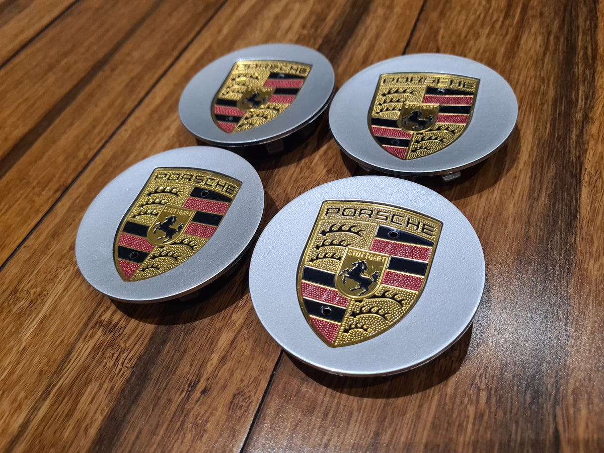 4x Alloy Wheel Centre caps for Porsche Silver/Gold 76mm – Caps Direct