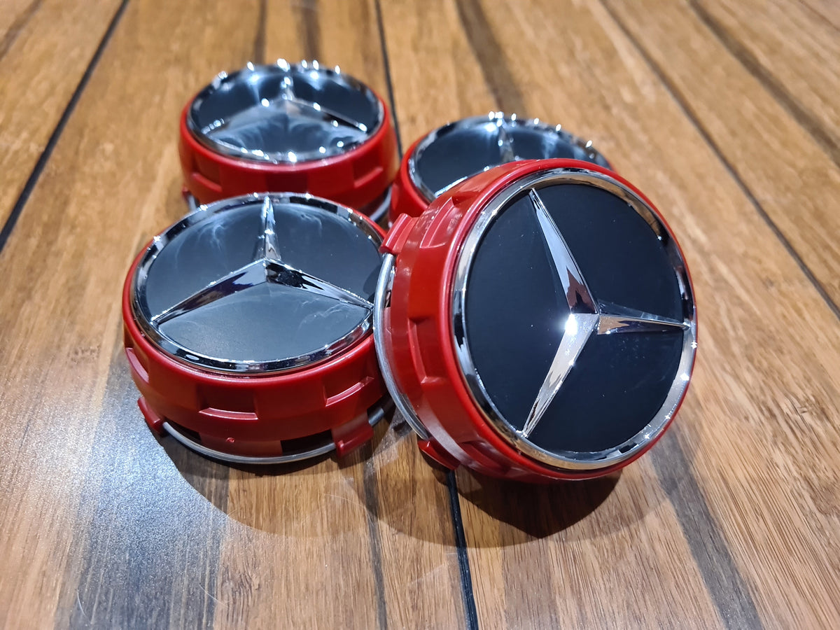 4x Alloy Wheel Centre caps for most Mercedes models Matt Black/Red/Chr ...